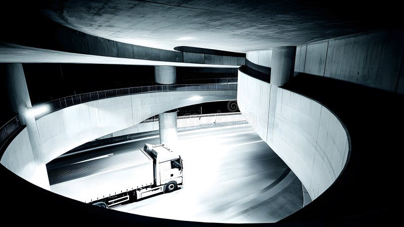 A Truck Navigates a Modern Spiral Ramp at Night. Stock Image - Image of ...