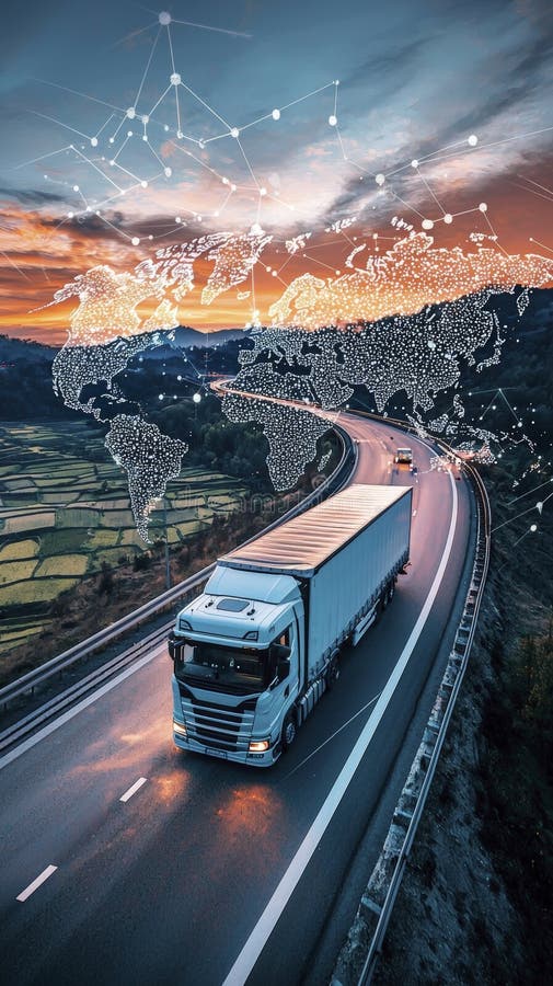 Truck on Elevated Highway with Interactive World Map Stock Illustration ...