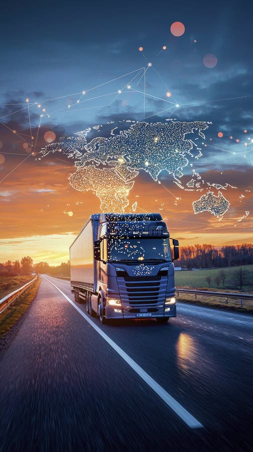 Truck on Pathway with Digital World Map and Sunset Stock Illustration ...