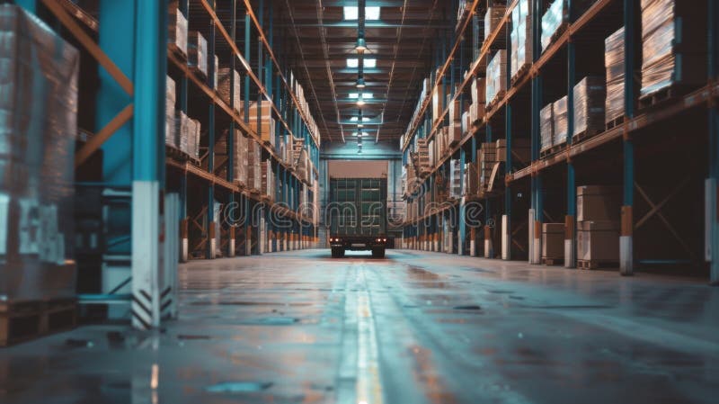 Truck Positioned in a Warehouse with High, Stacked Shelves Filled with ...