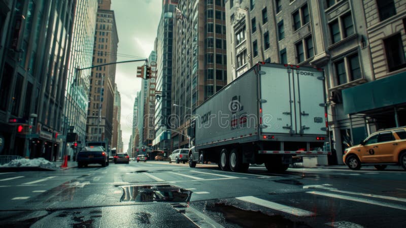 Truck Positioned in a Warehouse with High, Stacked Shelves Filled with ...