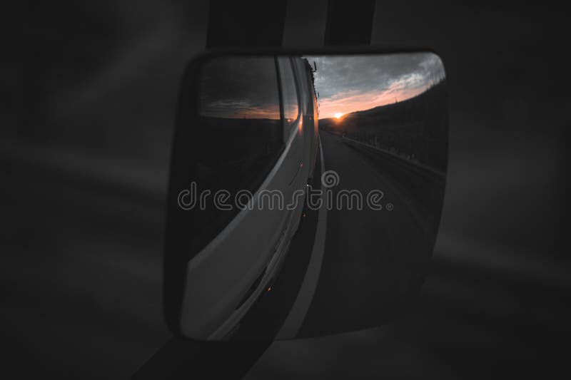 Truck Reflection in the Mirror at Sunset Stock Photo - Image of black ...