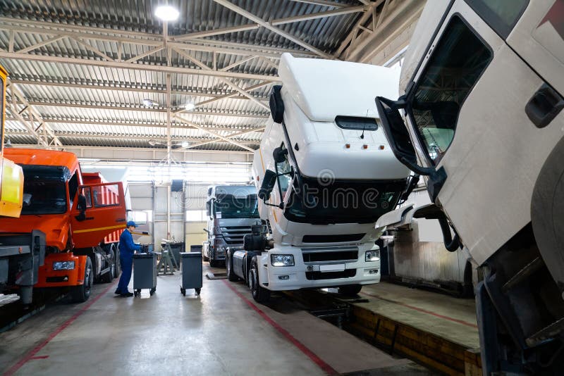 Truck Repair Service Indoors. Maintenance Workshop. Stock Image - Image ...