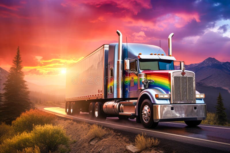 Truck on the Road with a Rainbow in the Sky. Stock Photo - Image of ...