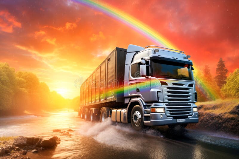 Truck on the Road with a Rainbow in the Sky. Stock Photo - Image of ...