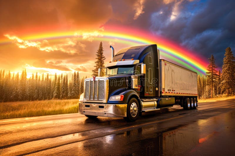 Truck on the Road with a Rainbow in the Sky. Stock Image - Image of ...