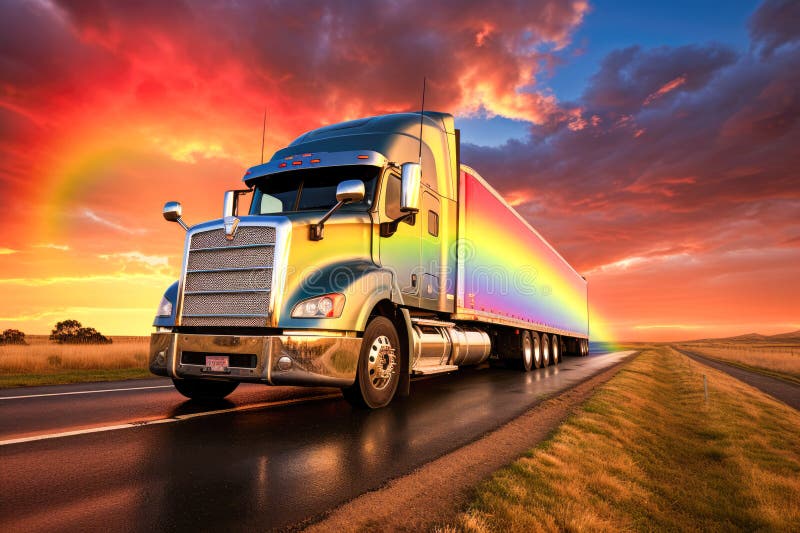 Truck on the Road with a Rainbow in the Sky. Stock Illustration ...