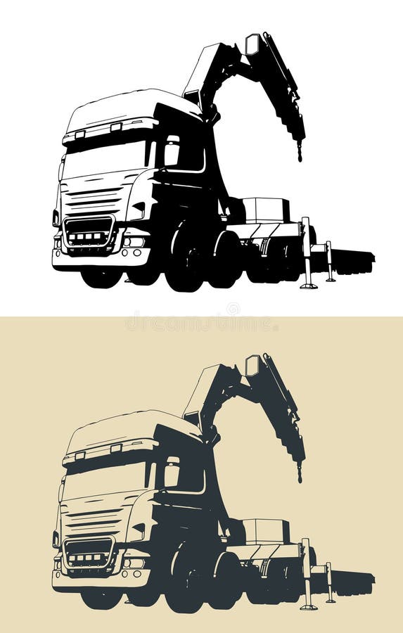 Truck with Self Loader Mounted Crane and Semi-trailer Illustrations ...
