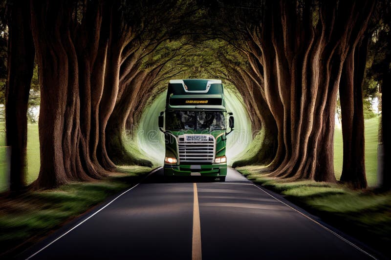 Truck is Speeding Ahead, Past Trees and Greenery, on the Forest Road ...