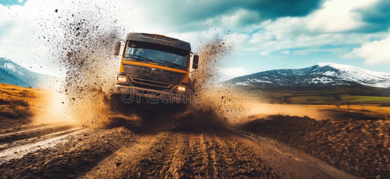 Truck Splashing Mud on Rugged Terrain, Dynamic Action Shot, Mountains ...
