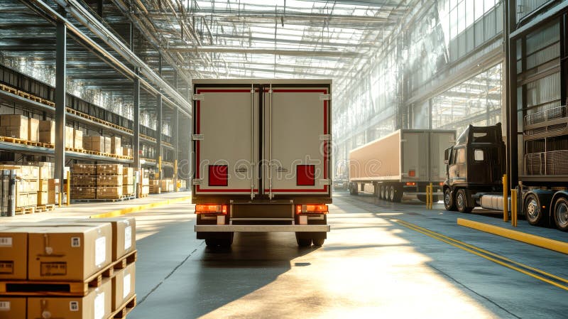 A Truck Stands with Its Doors Open Inside a Spacious Warehouse, Loading ...