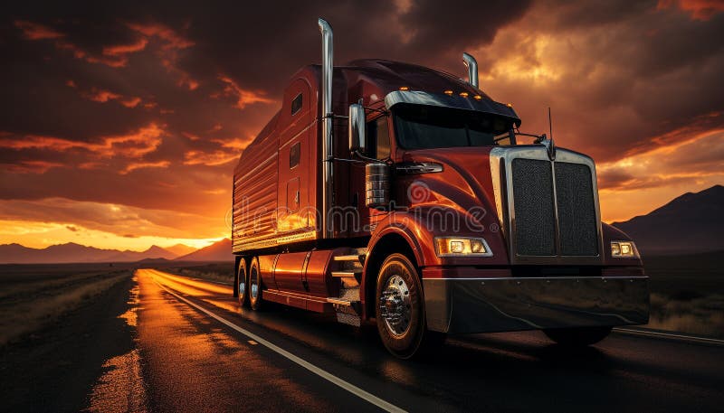 Truck on the Highway Truck on the Road Truck at Sunset Stock ...