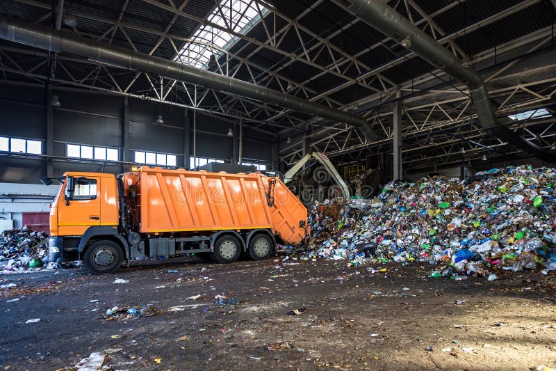 Truck Throws Garbage at Sorting Modern Waste Recycling Processing Plant ...