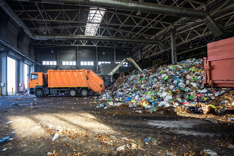 Truck Throws Garbage at Sorting Modern Waste Recycling Processing Plant ...