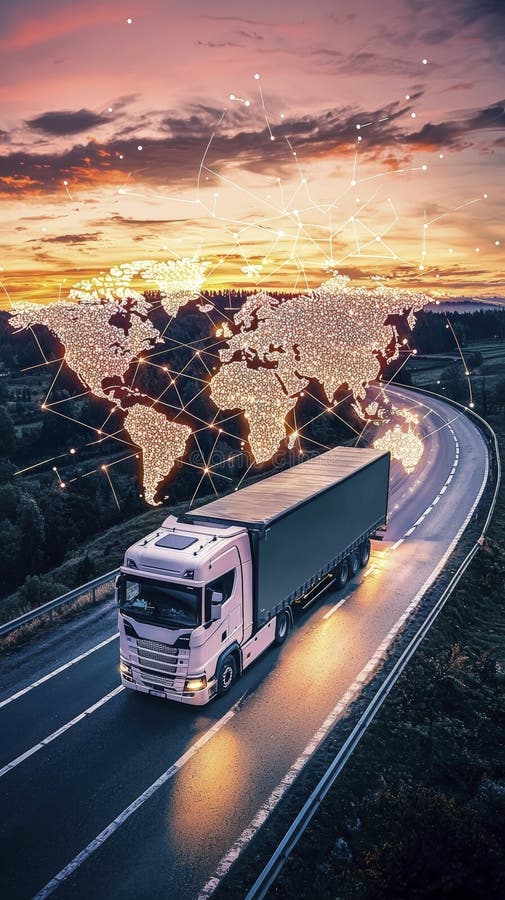 Evening Road with Truck Under Digital Map Network Stock Illustration ...