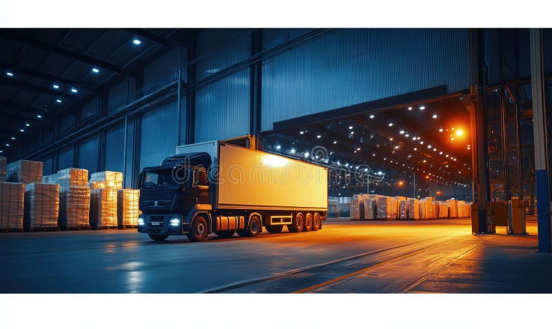 Truck Unloading Cargo in Warehouse at Night, Illuminated by Warehouse ...