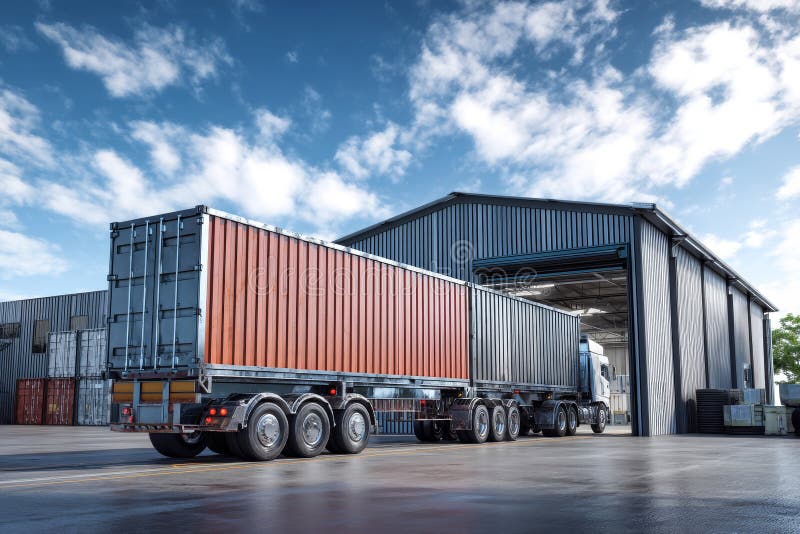 Truck Unloading Large Shipping Containers Inside a Warehouse Under a ...