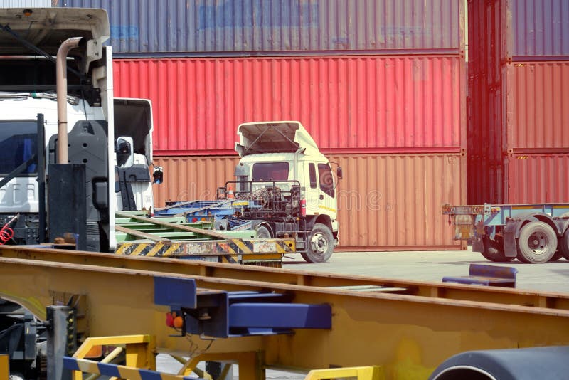 The Truck is Waiting for the Container. in the Container Yard Stock ...
