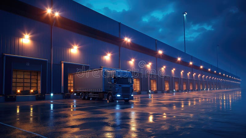 Truck in the Warehouse at Night. Cargo Transportation Concept. 3d ...