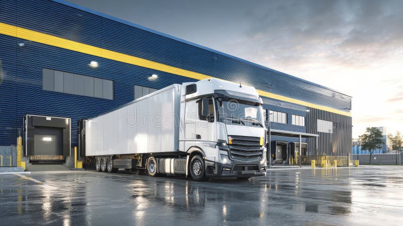 Truck with White Trailer Loading at Modern Warehouse Dock Gate in Industrial Setting Stock ...