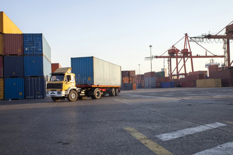 Truck Working in Port Carrying Containers Stock Photo - Image of ...