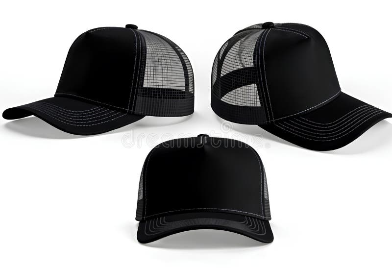 Trucker Black Cap with Black Visor Realistic Mockup Front and Side View ...