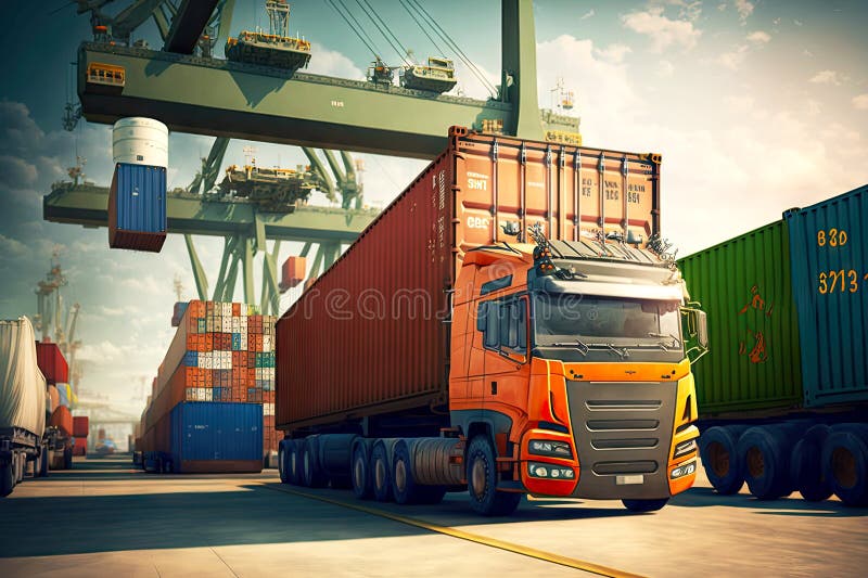 Trucks Bringing and Unloading Containers with Cargo in Cargo Port Stock ...