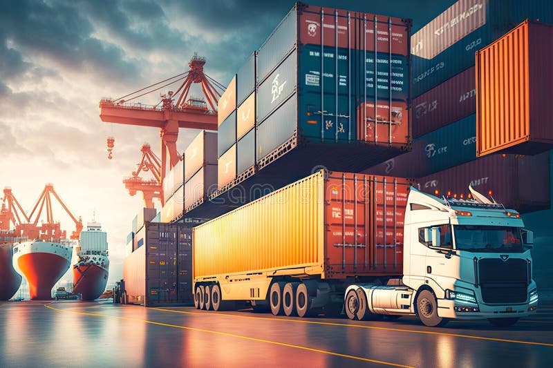 Trucks Bringing and Unloading Containers with Cargo in Cargo Port Stock ...