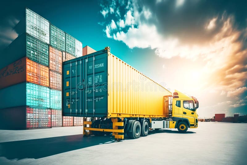 Trucks Bringing and Unloading Containers with Cargo in Cargo Port Stock ...