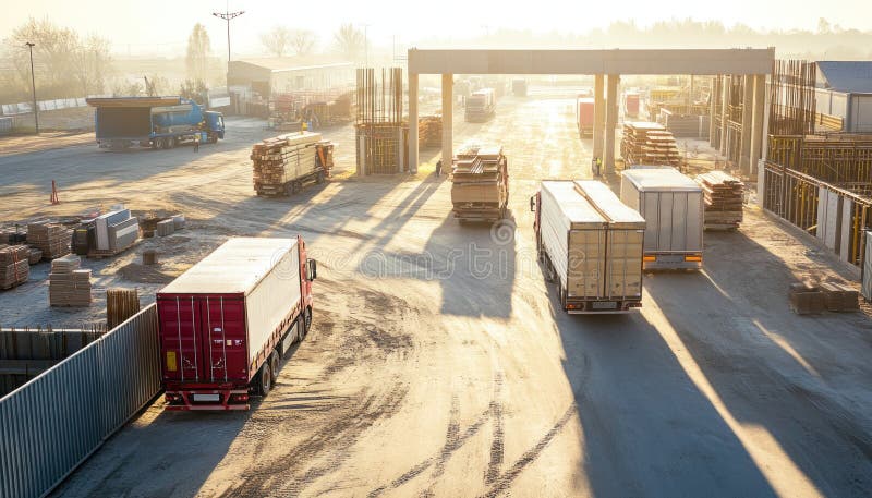 Trucks Carrying Building Materials Entering Construction Site at ...