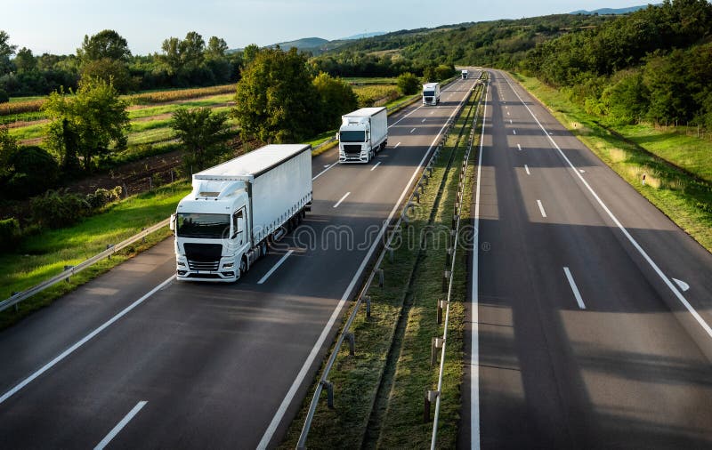 Trucks with Containers on Highway Stock Photo - Image of overpass ...
