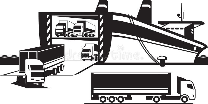 Trucks Exit Ferry Boat at Port Cargo Terminal Stock Vector ...