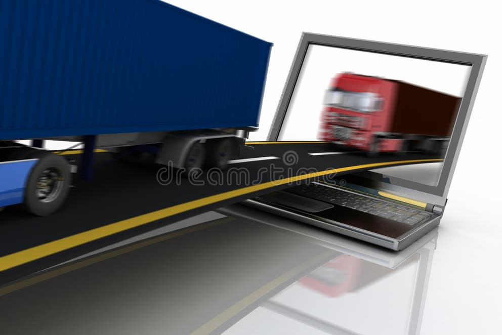 Trucks on Freeway Coming Out of a Laptop Stock Illustration ...