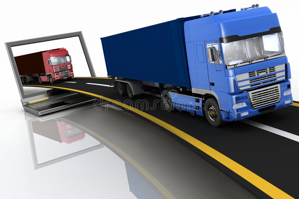 Trucks on Freeway Coming Out of a Laptop Stock Illustration ...