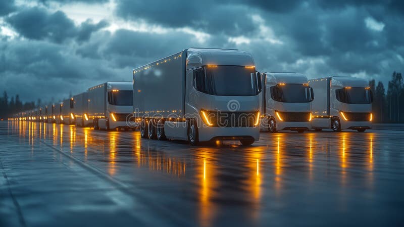 Trucks Lined Up at a Logistics Hub during Twilight Hours Showcasing ...