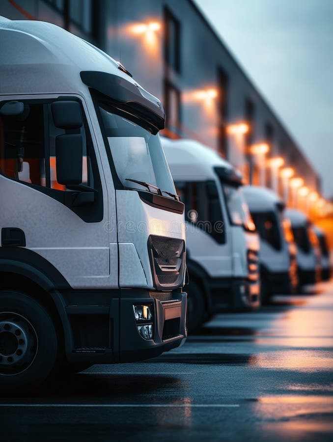 Trucks are Lined Up in a Parking Lot Outside a Contemporary Warehouse ...