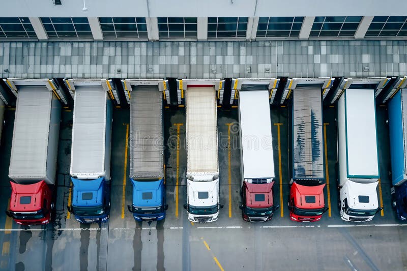 Trucks at Loading Docks, Ready for Cargo Transport in a Logistics and ...