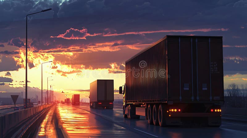 Trucks Navigate the Open Road at Sunset Capturing the Beauty of ...