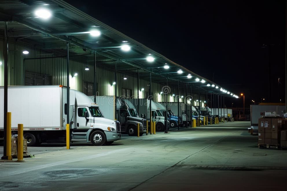 Trucks Parked at Loading Docks at Night Stock Photo - Image of road ...