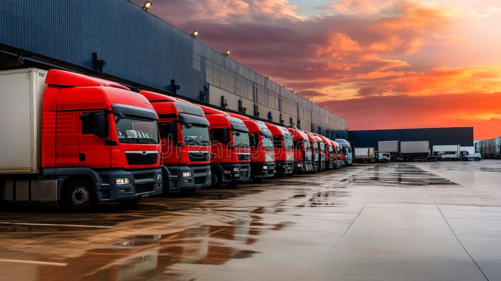 Trucks are Parked in a Lot beside a Modern Warehouse, Ready for Loading ...