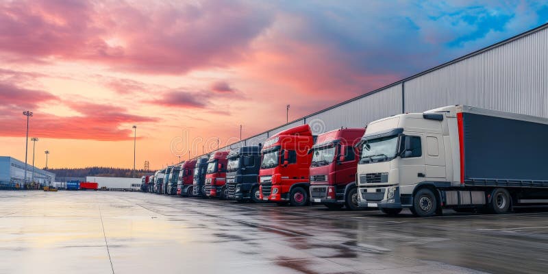 Trucks are Parked in a Neat Row Outside a Modern Warehouse, Preparing ...
