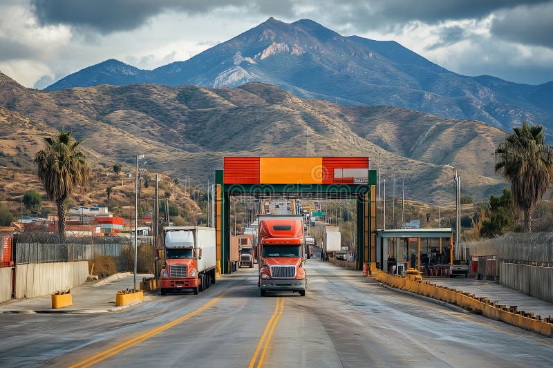 Trucks Passing through a Busy Border Checkpoint between the US and ...