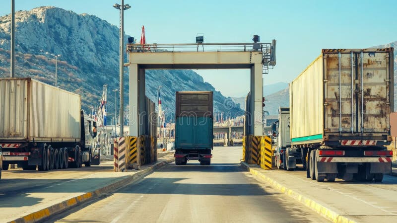 Trucks Passing through Customs Checkpoint at Border Inspection Area ...
