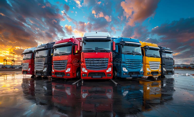 Trucks in Row. a Group of Modern Trucks Parked in the Parking Lot with Beautiful Sky Background ...