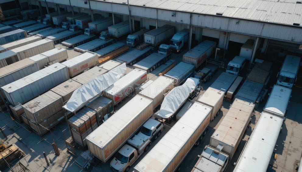 Busy Warehouse Loading Dock with Multiple Trucks and Trailers during ...