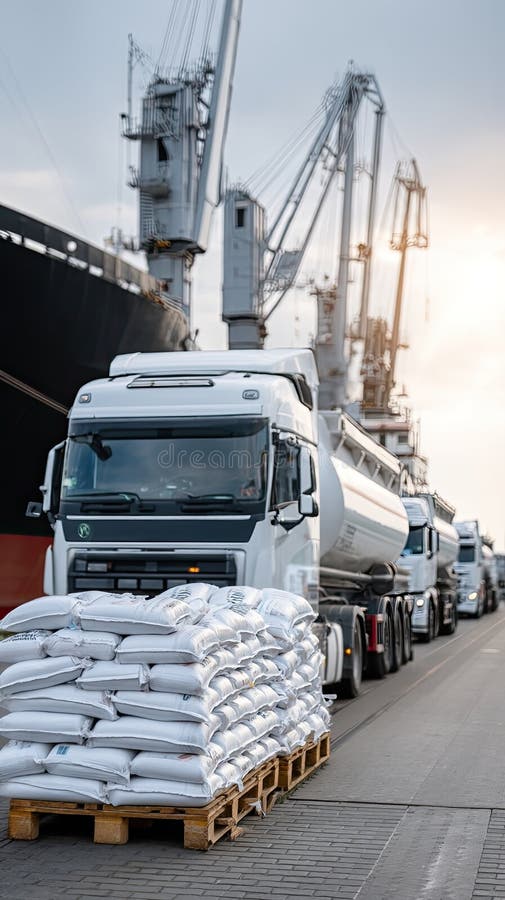 Trucks Transport Bags of Flour To a Cargo Ship at the Port while Cranes ...