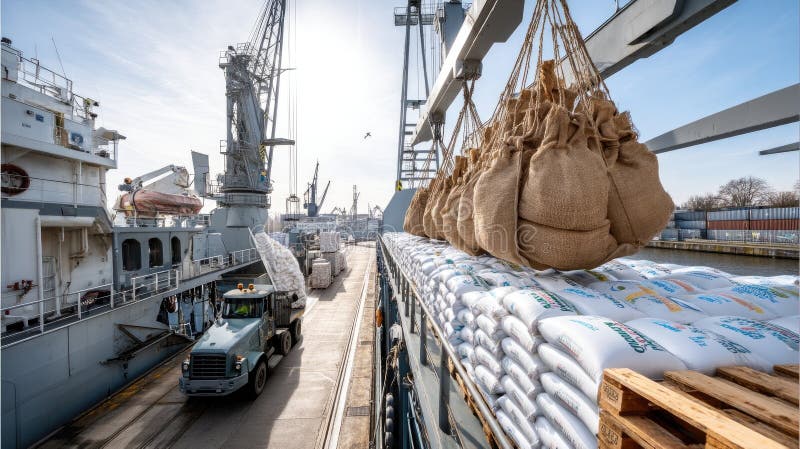 Trucks Transport Bags of Flour To a Cargo Ship at the Port while Cranes ...