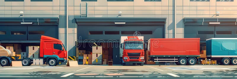 Trucks and Vans are Aligned at a Warehouse Loading Area, Ready for ...