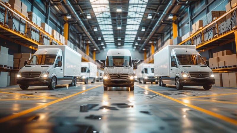Trucks and Vans are Parked Inside a Warehouse, Prepared for Loading and ...