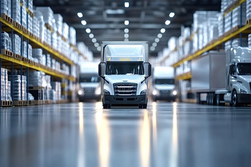 Trucks Waiting for Loading Inside a Distribution Warehouse Stock Photo ...